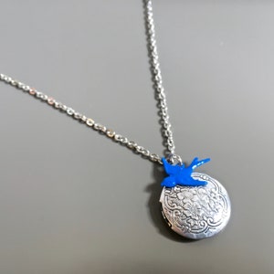 Blue Bird Locket Necklace - Small Locket Necklace, Silver Locket ...