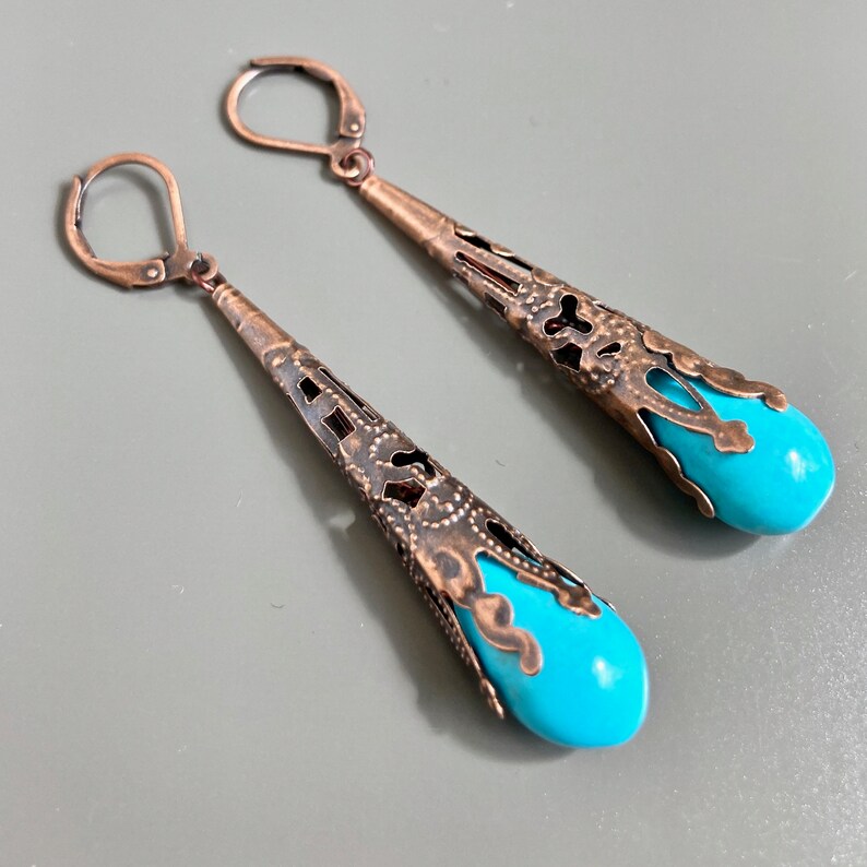 Turquoise Trumpet Earrings - Copper Filigree Earrings, Long Earrings ...