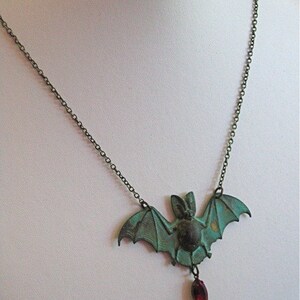 Vampire Bat Necklace - Verdigris, Patina Jewelry, Blood Red Jewel ...