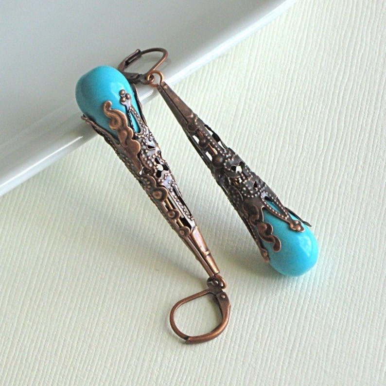 Turquoise Trumpet Earrings - Copper Filigree Earrings, Long Earrings ...