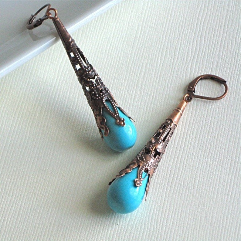 Turquoise Trumpet Earrings - Copper Filigree Earrings, Long Earrings ...