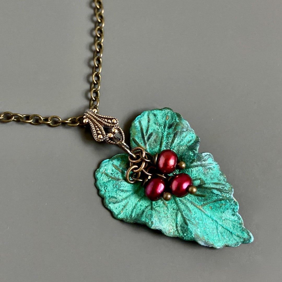 Leaf Necklace - Verdigris Patina, Red Pearl, Leaf Jewelry, Botanical Jewelry, Gift for Woman ...
