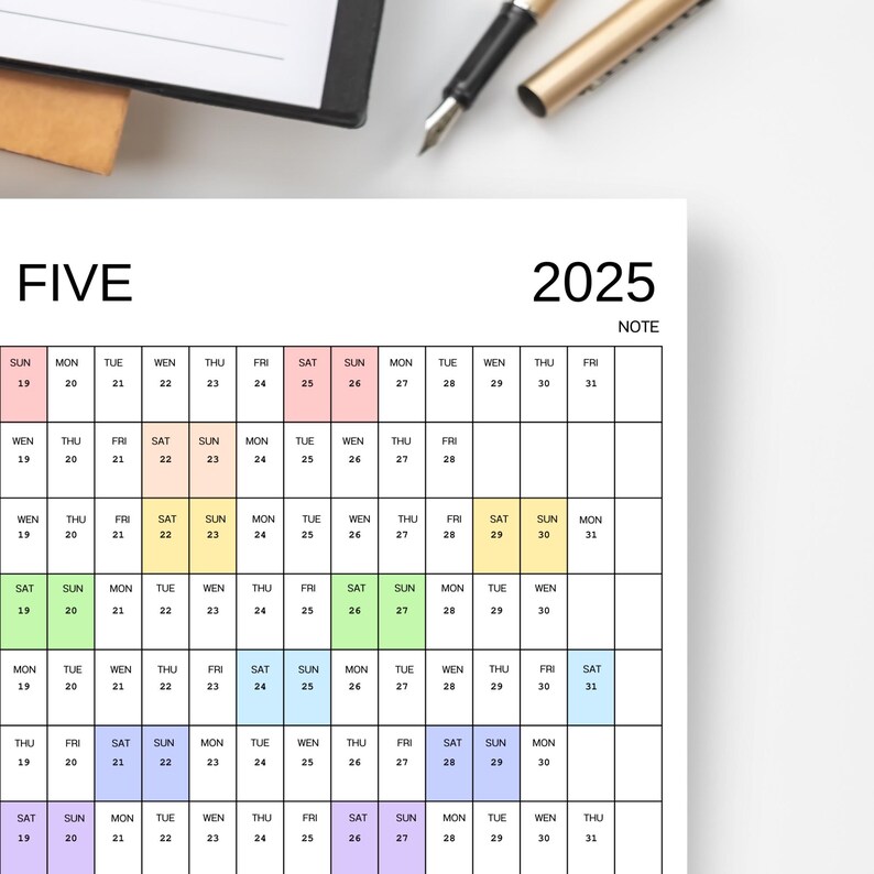 PRINTABLE Yearly Calendar 2025 Year at Glance Planner.giant Rainbow ...