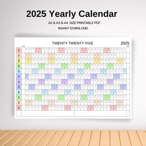 PRINTABLE Yearly Calendar 2025 Year at Glance Planner.giant Rainbow ...