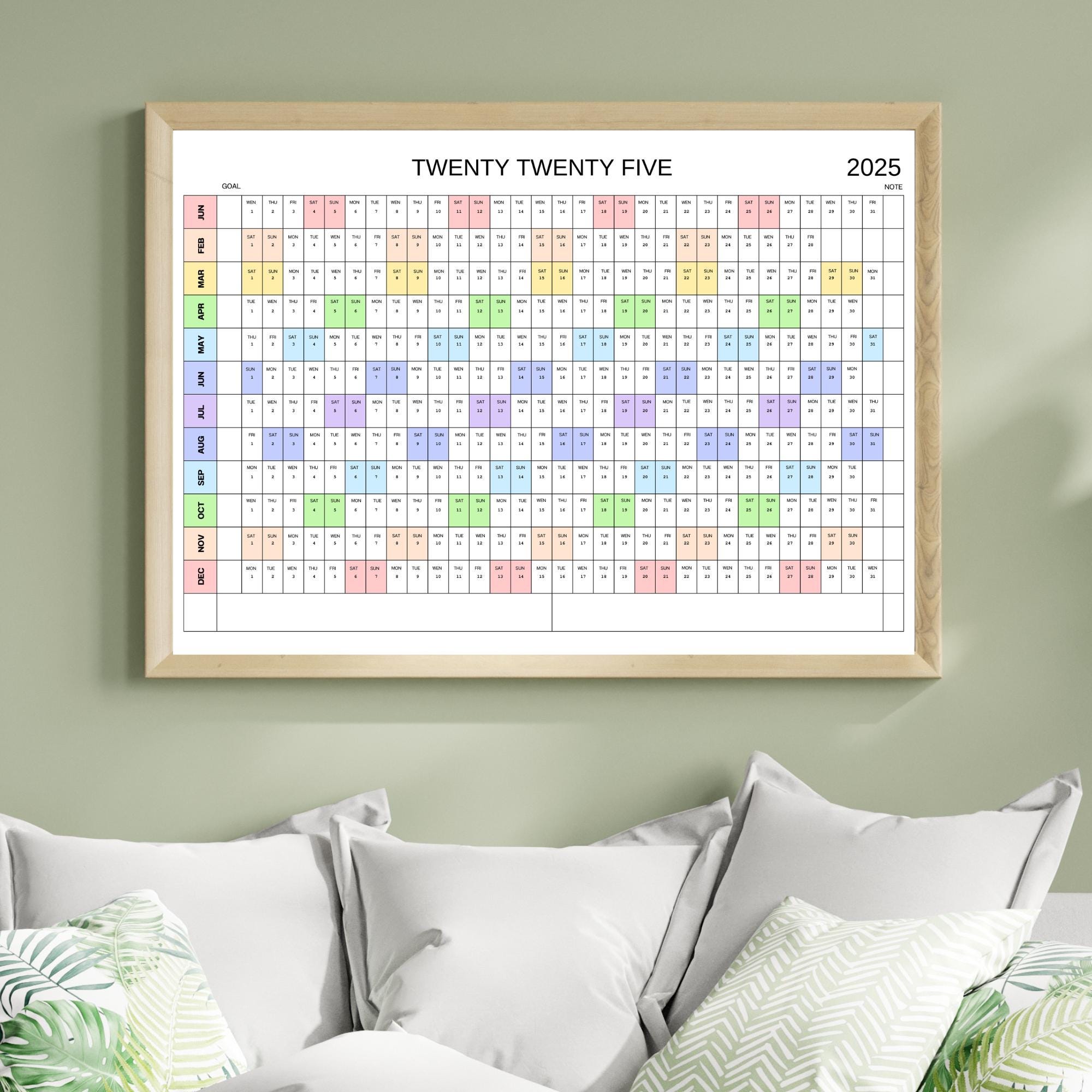 PRINTABLE Yearly Calendar 2025 Year at Glance Planner.giant Rainbow ...