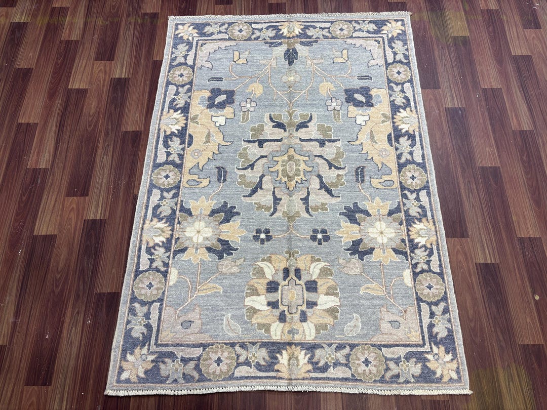 5x4 Afghan Chobi Rug – Neutral Beige With Blue – Handmade Oushak Style ...