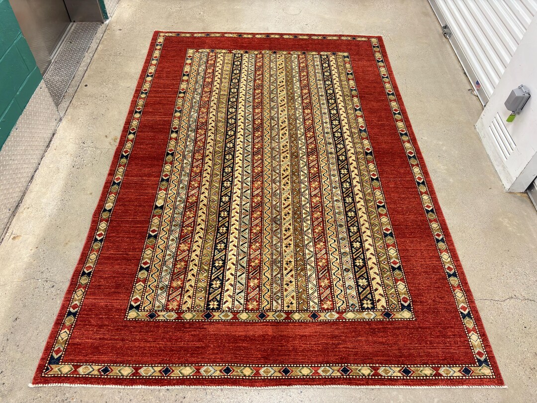 7x10 Red Turkish Area Rug Shawl Pattern Hand Knotted Natural Veg Dye ...