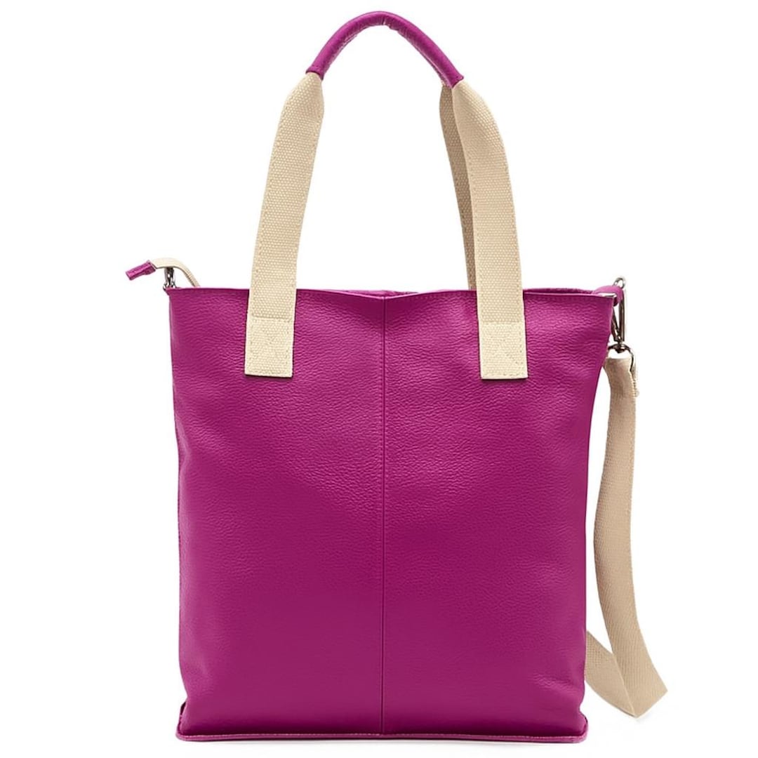 Fuchsia Leather Tote Bag, Canvas Handles, Adjustable Shoulder Bag - Etsy
