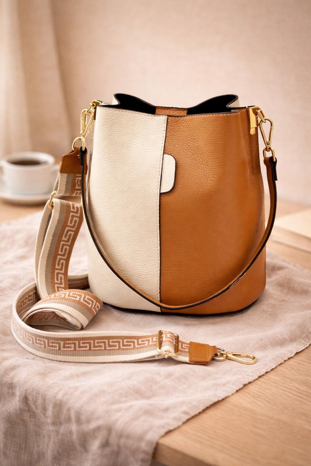 Two-tone Leather Bucket Bag – Woven Strap Crossbody Tote - Etsy