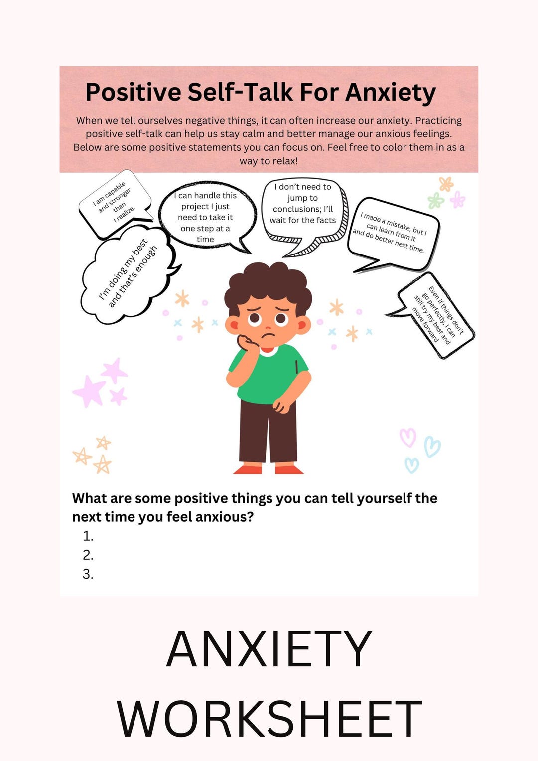 Digital Download of This Positive Self-talk for Anxiety Worksheet ...