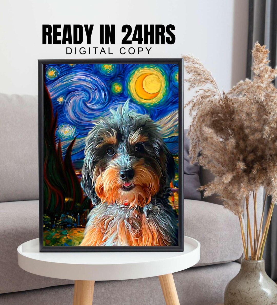 Custom Pet Portrait, Van Gogh Starry Night Painting, Pet Art Portrait ...