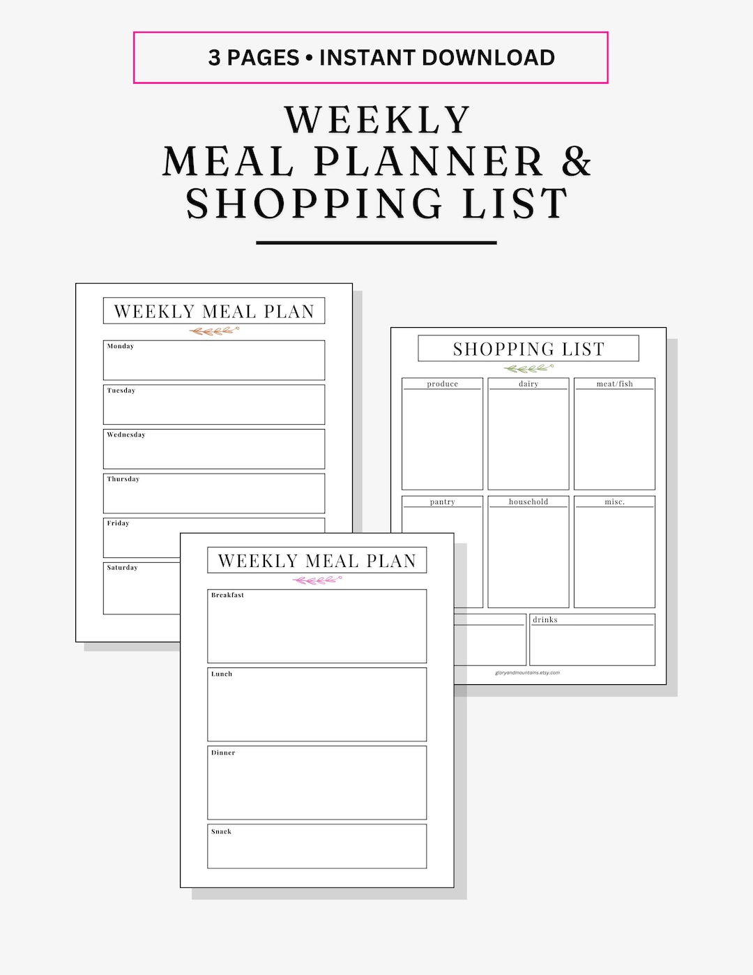 Weekly Meal Planner and Shopping List Printable, Meal Organizer for ...