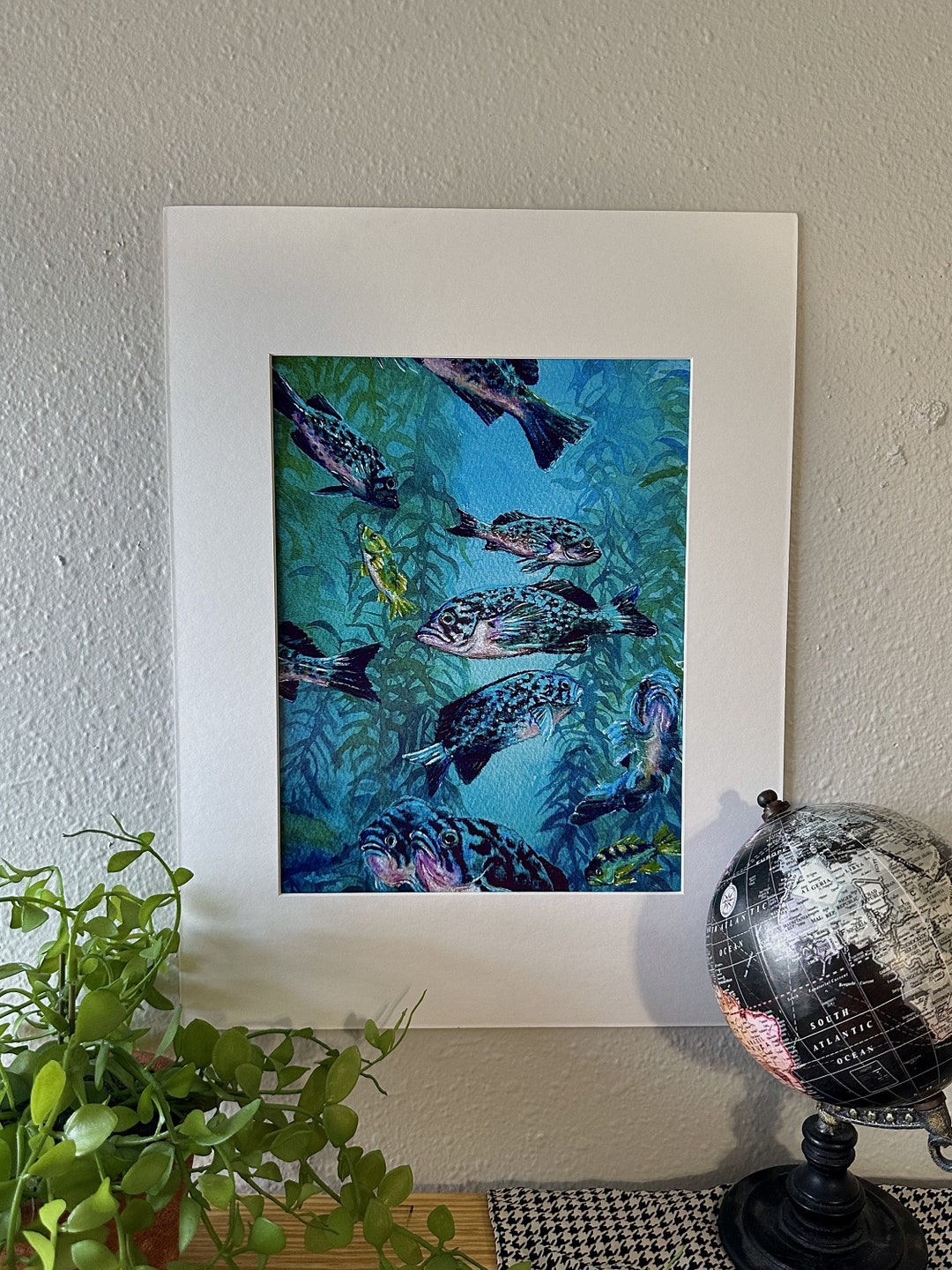 Rockfish With Kelp Print Drawing Ocean Fish Marine Blue Matted ...