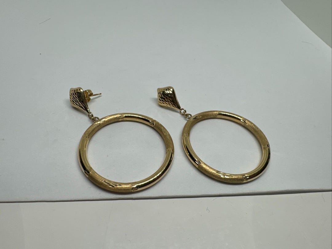 Signed SLC 14K Yellow Gold Stud HOOP Hanging EARRINGS Dangle Diamond ...