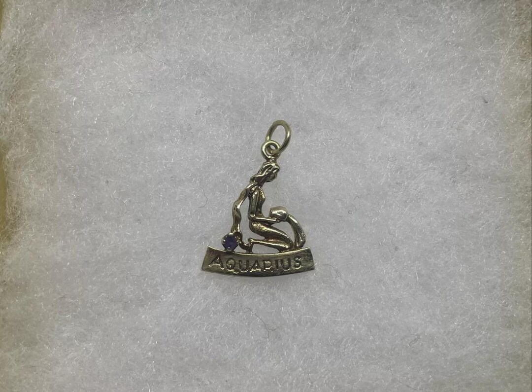 14K Yellow Gold Aquarius Water -bearer Zodiac Astrology Pendant Purple ...