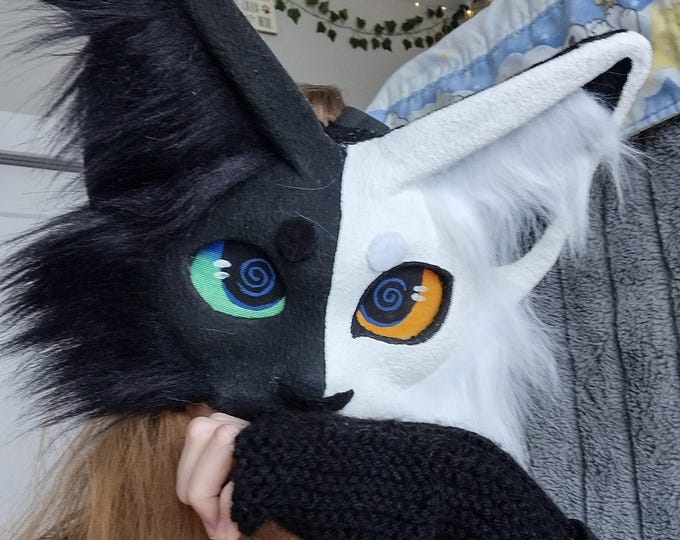 HQ Black and White Chimera Cat Therian Mask || Lined + Padded - Etsy