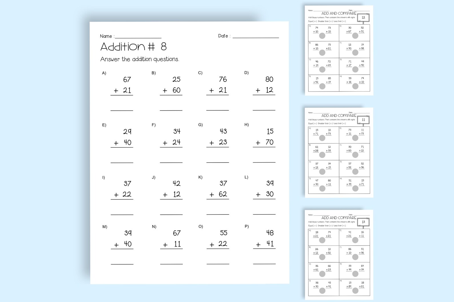 Printable Two-digit Addition and Comparing Numbers Practice Worksheet ...