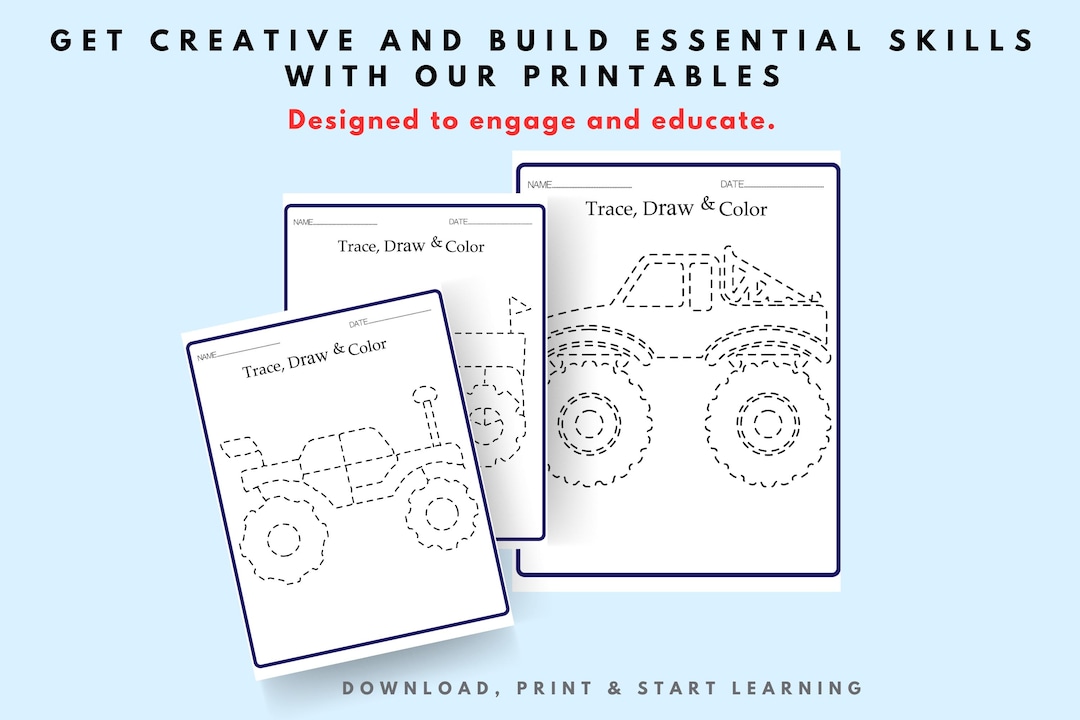 Monster Truck Tracing Worksheet: Kids Coloring & Drawing Activity ...