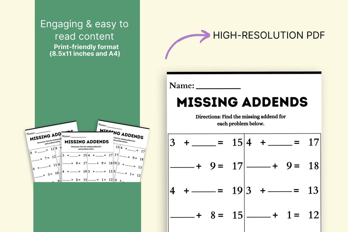 Math Exercises -missing Number Additions Worksheet: Printable ...