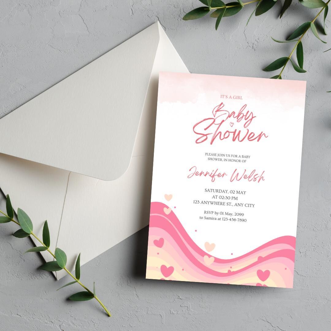 Pink Waves Gender Reveal Invitation- Baby Shower Invitation Template ...