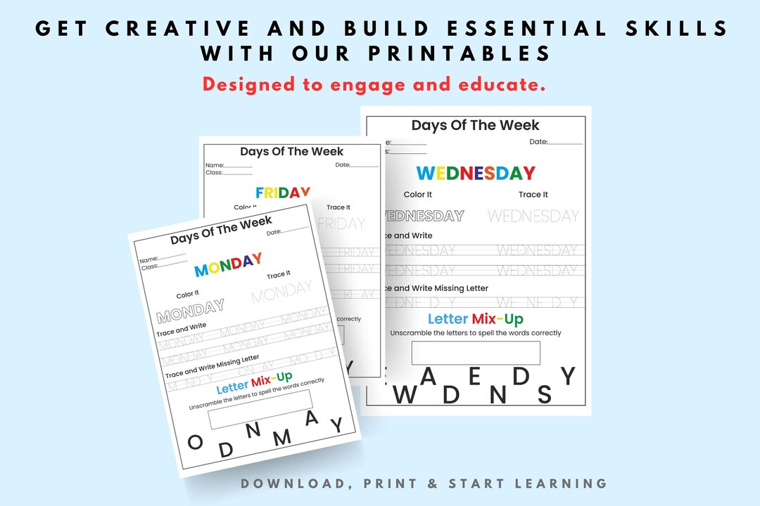 Days of the Week Activity Pages: Trace, Color, Spell - Kids Learning ...