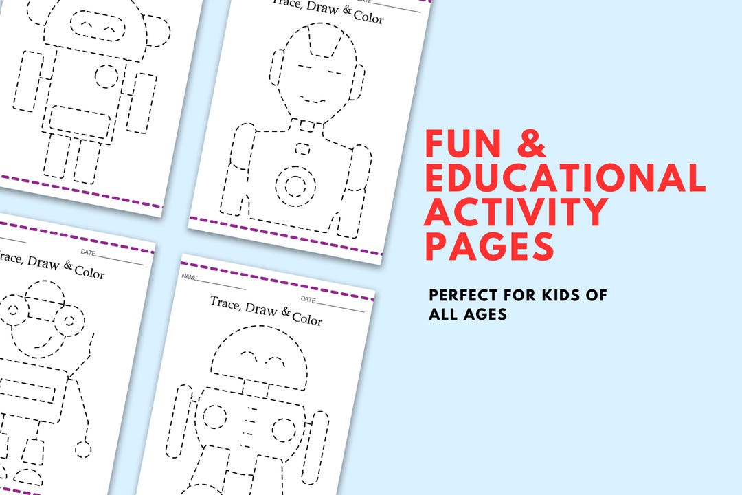 Kids Robot Pages Tracing Drawing Worksheets, Printable Activity Sheets ...