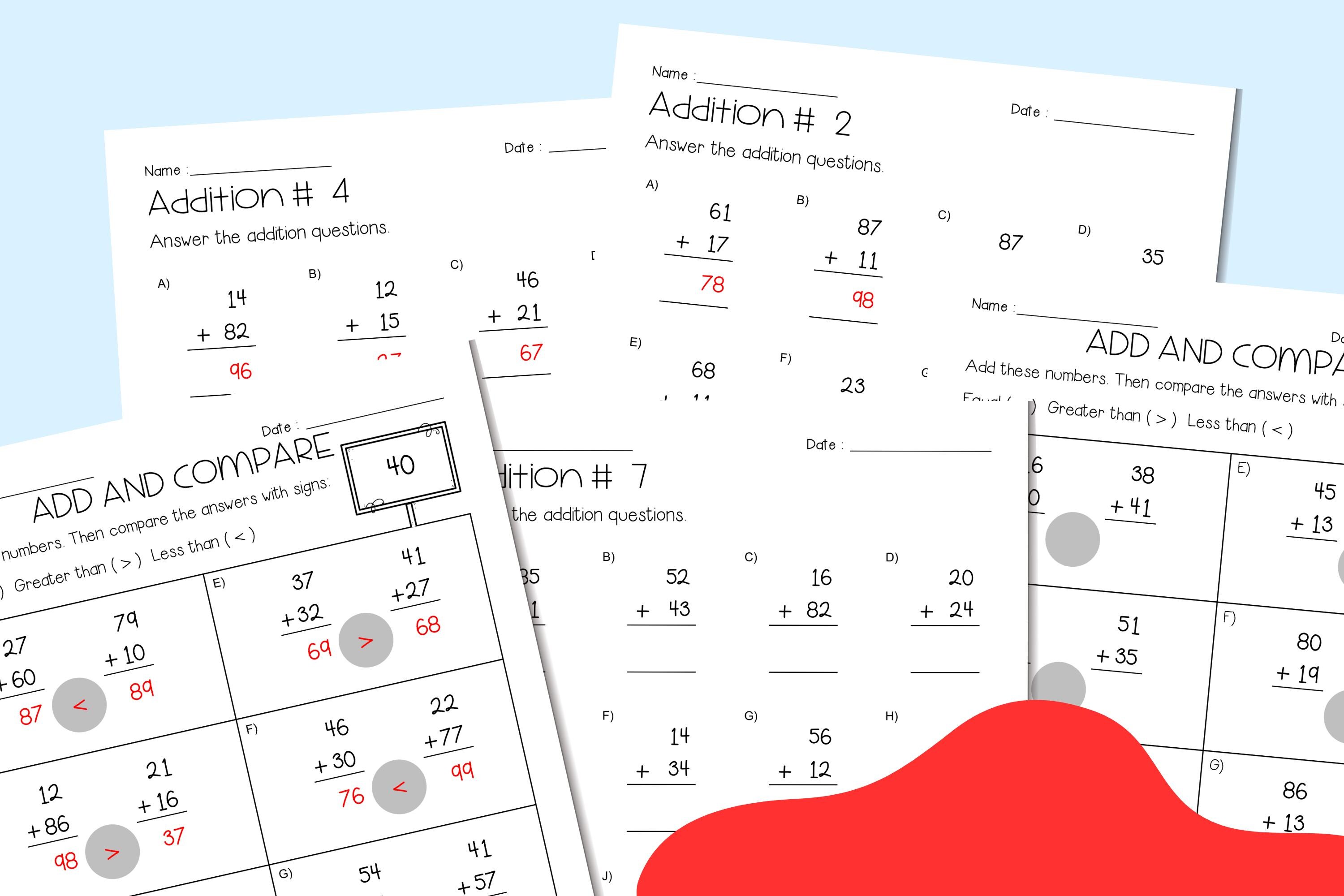 Printable Two-digit Addition and Comparing Numbers Practice Worksheet ...