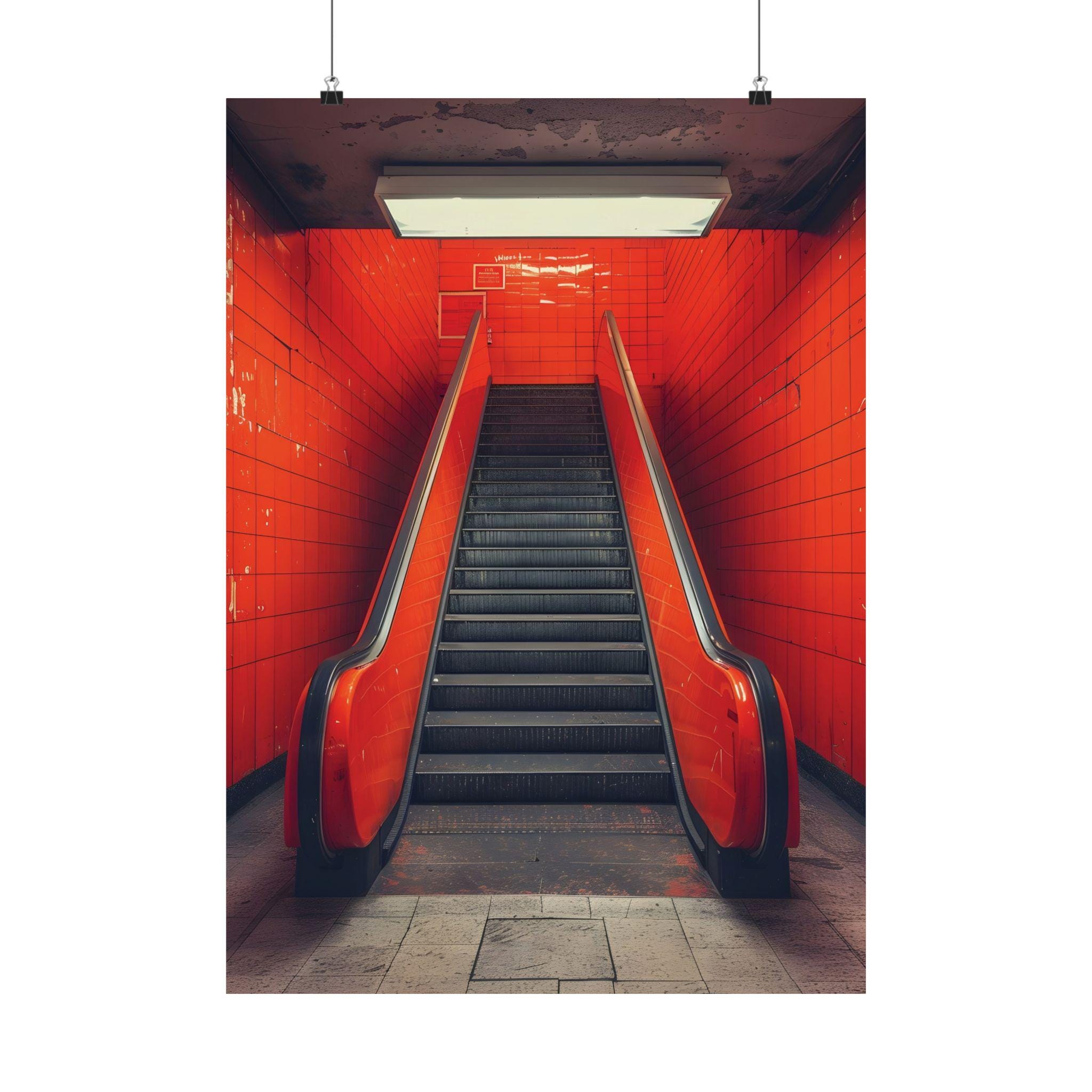 Urban Red Subway Escalator Art Print, Minimalist Wall Decor, Modern ...