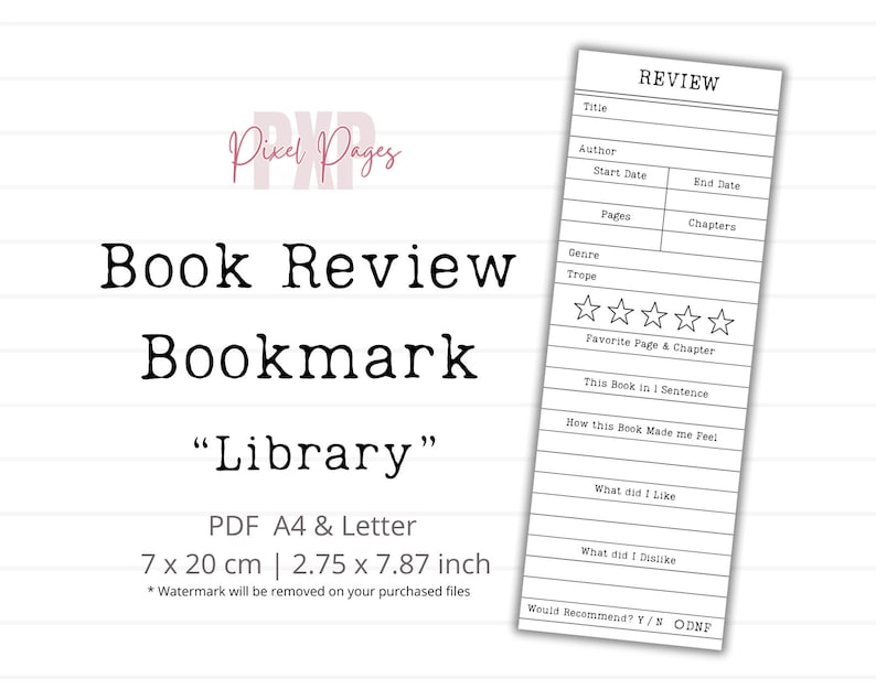 Printable Library Style Book Review Bookmark | Double Sided Reading Log ...