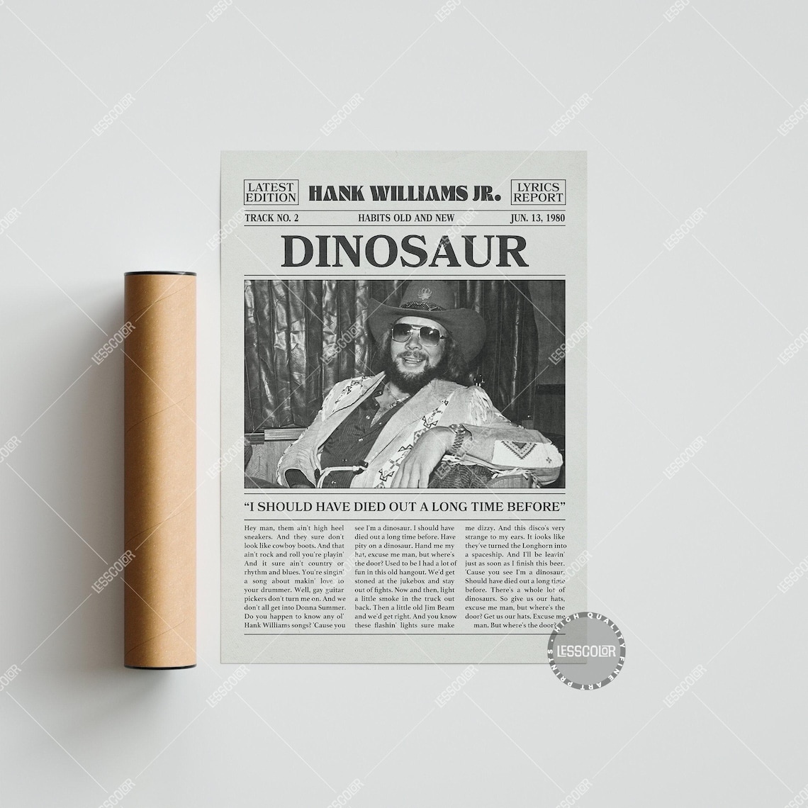 Hank Williams Jr. Retro Newspaper Print, Dinosaur Poster, Lyrics Print ...
