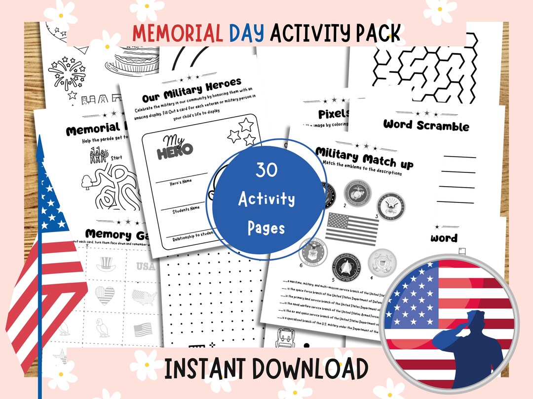 30 Page Memorial Day Kids Printable Activity Pack, Patriotic Games ...