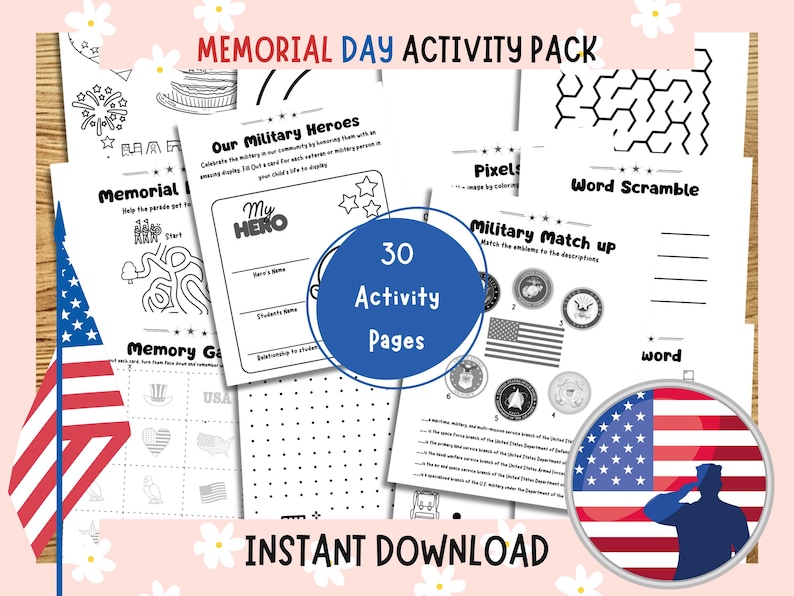 30 Page Memorial Day Kids Printable Activity Pack, Patriotic Games ...