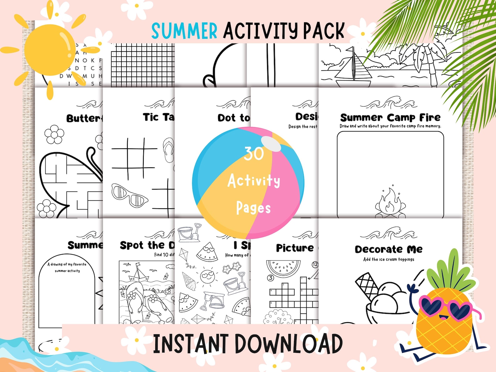 30 Page Summer Printable Activity Pack for Kids | Fun Summer Worksheets ...