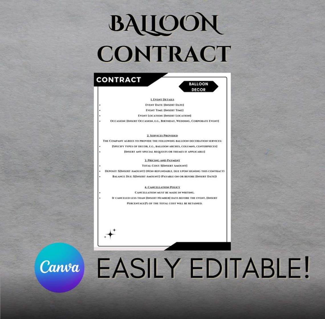 BALLOON CONTRACT, Editable Balloon Artist Contract Template, Balloon ...