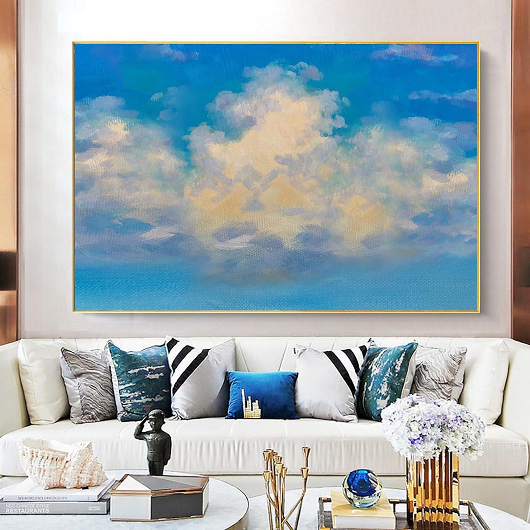Large Blue White Abstract Art Cloud Wall Art Cloudy Sky Painting ...