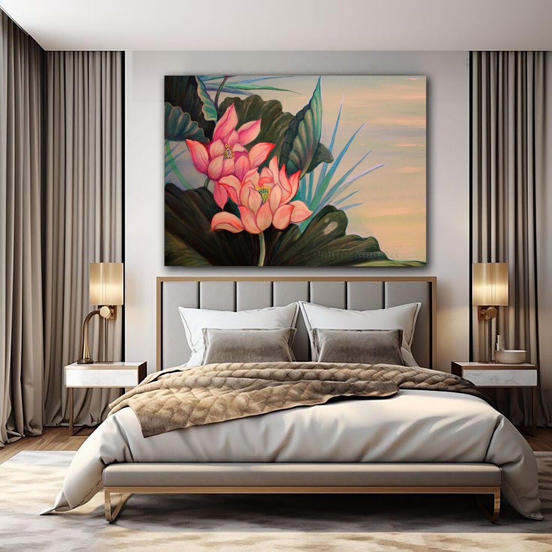 Original Pink Lotus Flower Art on Canvas, Water Lotus Wall Art, Green ...
