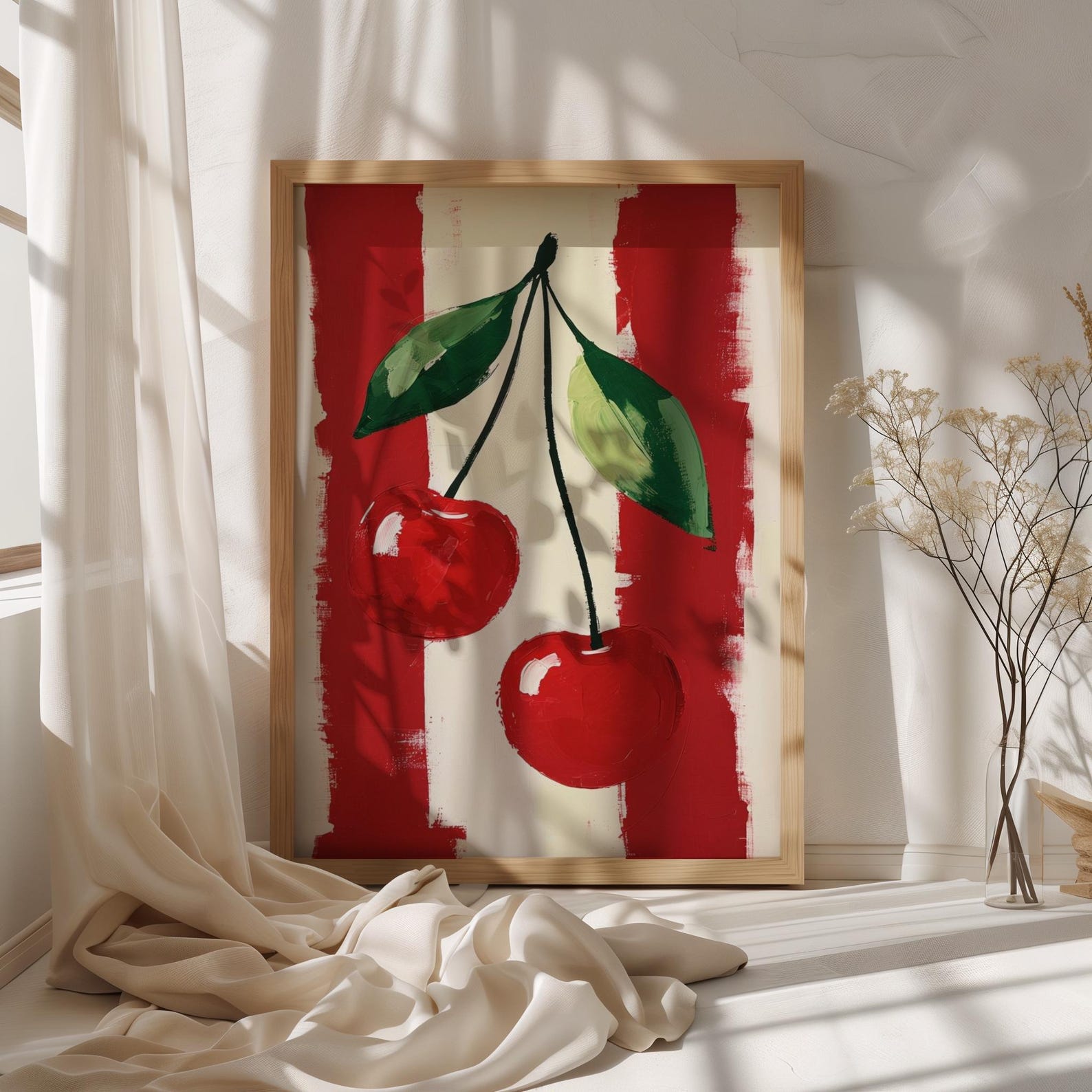 Cherries Art Print, Cherries and Strips Wall Art, Modern Abstract ...