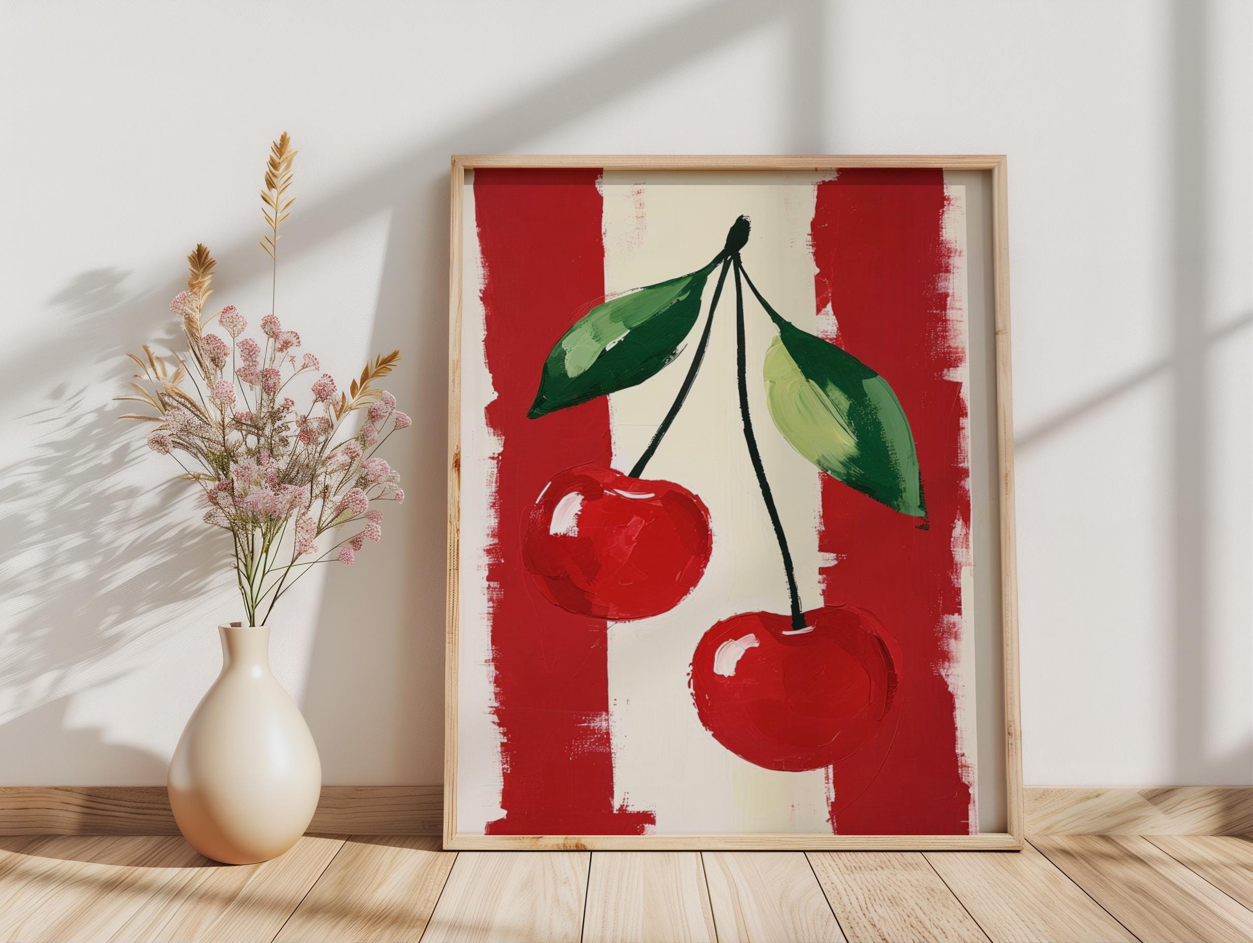 Cherries Art Print, Cherries and Strips Wall Art, Modern Abstract ...