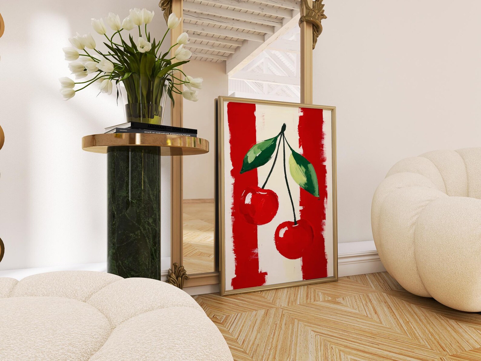 Cherries Art Print, Cherries and Strips Wall Art, Modern Abstract ...