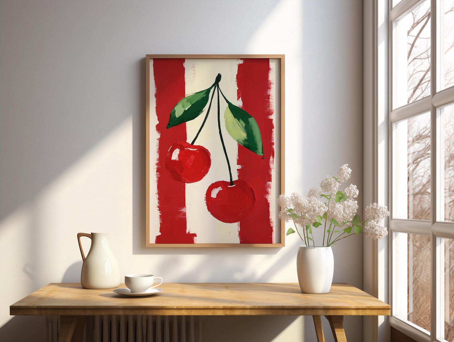 Cherries Art Print, Cherries and Strips Wall Art, Modern Abstract ...