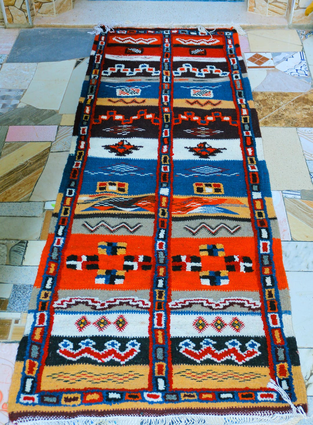 Vibrant Berber Welcome: Handmade Moroccan Door Mat Carpet in Multicolor ...