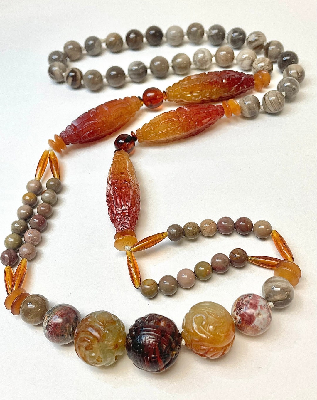 Vintage Chinese Carved Serpentine Knotted Bead Necklace,vintage Chinese ...