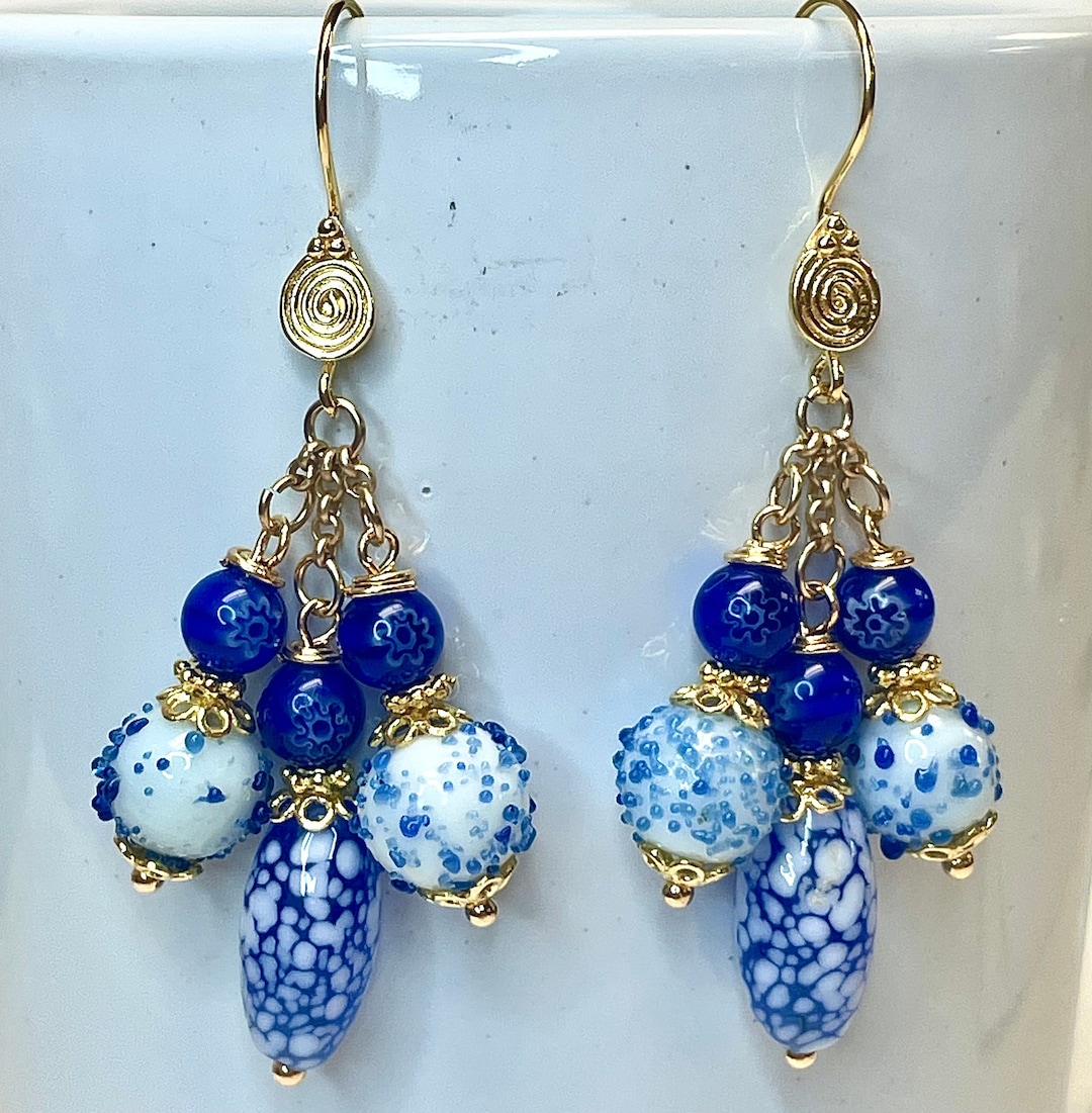 Vintage Japanese Cobalt BLUE CRUMB Glass Bead Cluster Earrings,vintage ...