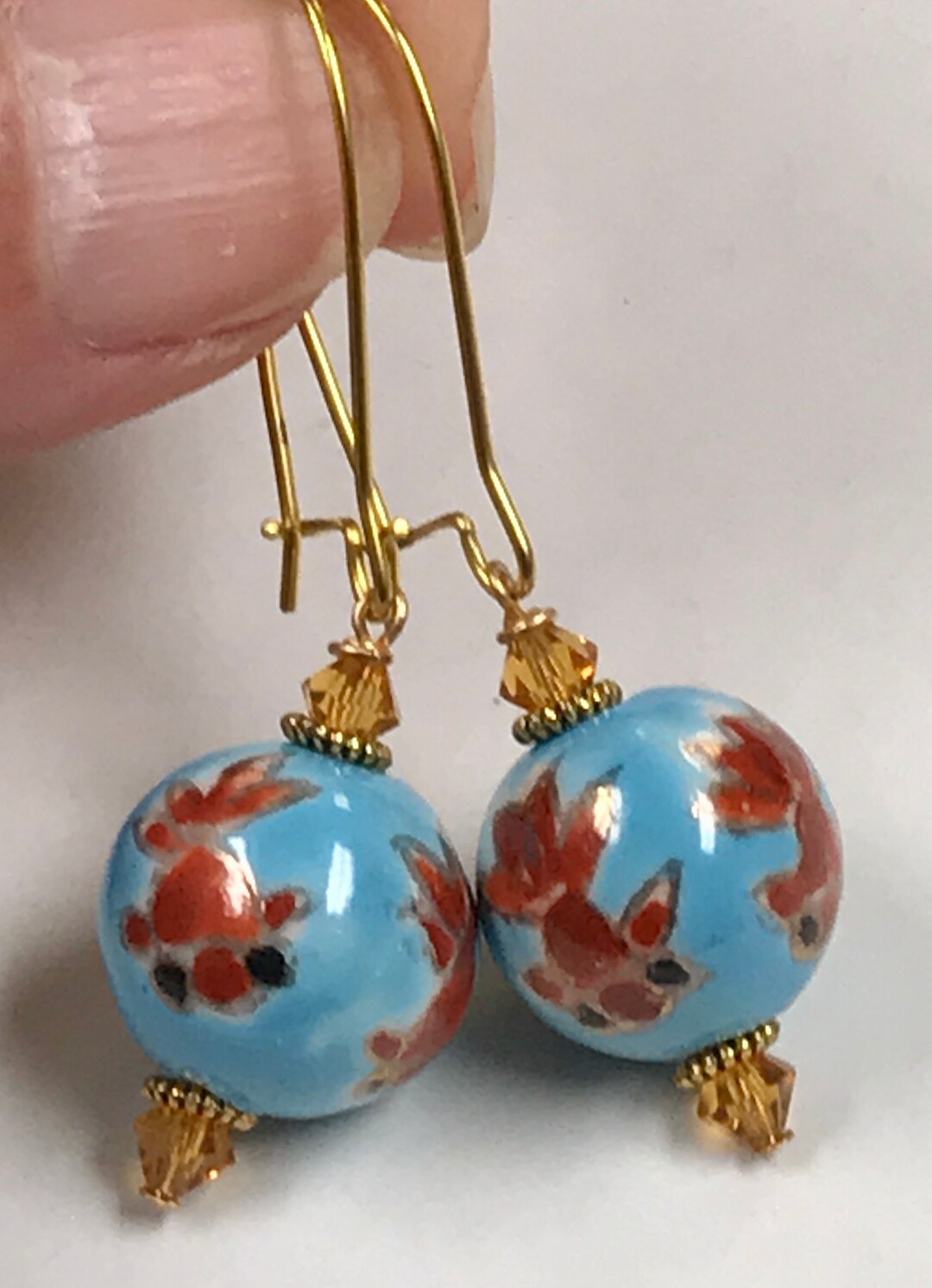 Vintage Chinese Porcelain KOI FISH Aqua Blue Bead Dangle Drop Earrings ...