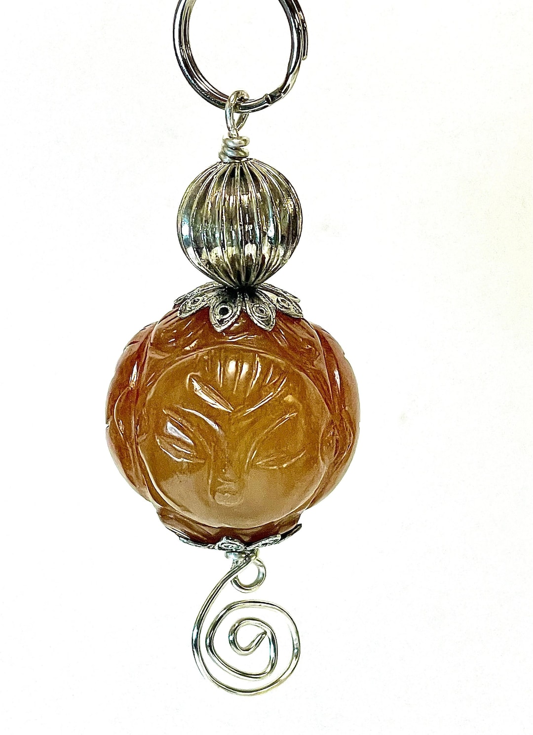 Vintage Honey Serpentine Carved Smiling Buddha Bead Fan Pull, Silver ...