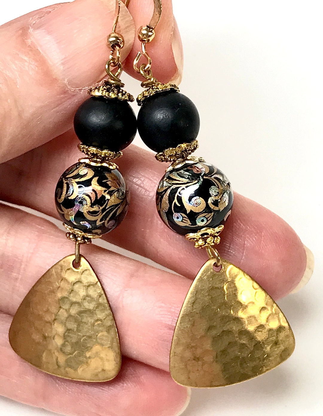 Vintage Japanese Tensha IRIDESCENT Black Bead Dangle Drop Earrings ...