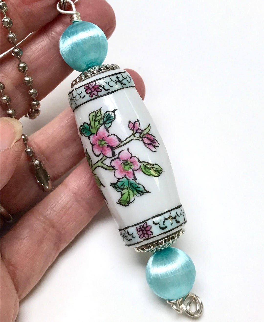 Vintage Chinese PORCELAIN FAN PULL White Barrel Shaped Bead Pink ...