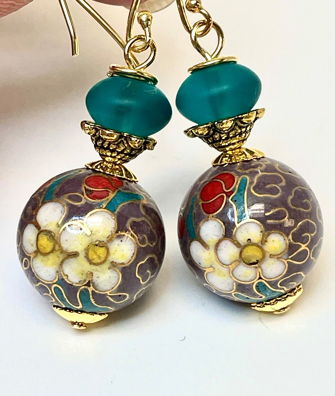 Vintage Cloisonne Chinese PURPLE Long Dangle Bead Yellow Red Flower ...