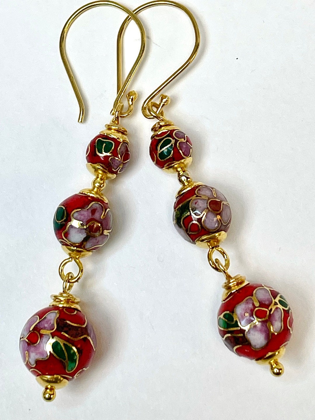 Vintage Chinese Cloisonne RED GRADUATED THREE Bead Long Dangle Drop ...