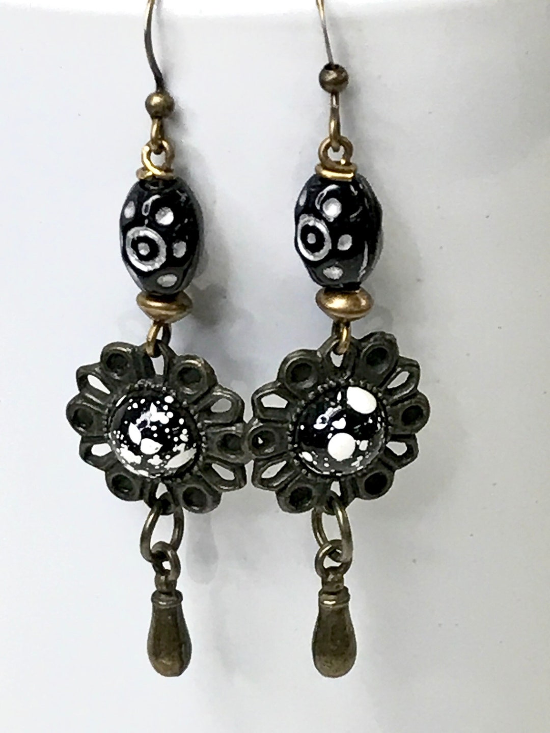 Vintage Japanese Glass Black White Bead Dangle Earrings,vintage ...
